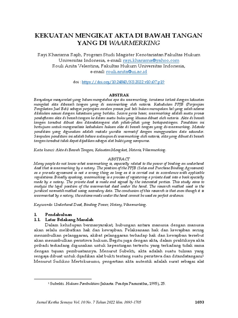 Kekuatan Akta di Bawah Tangan Waarmerking | PDF