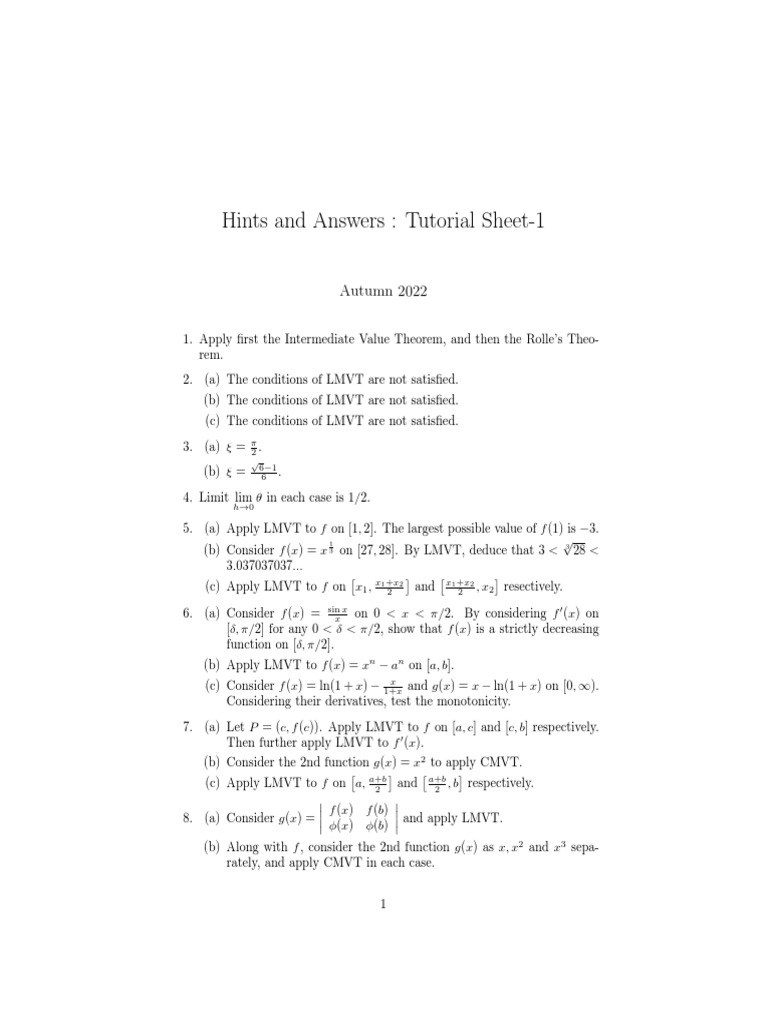 Hints and Answers of Tut 1 | PDF | Mathematical Analysis | Mathematics