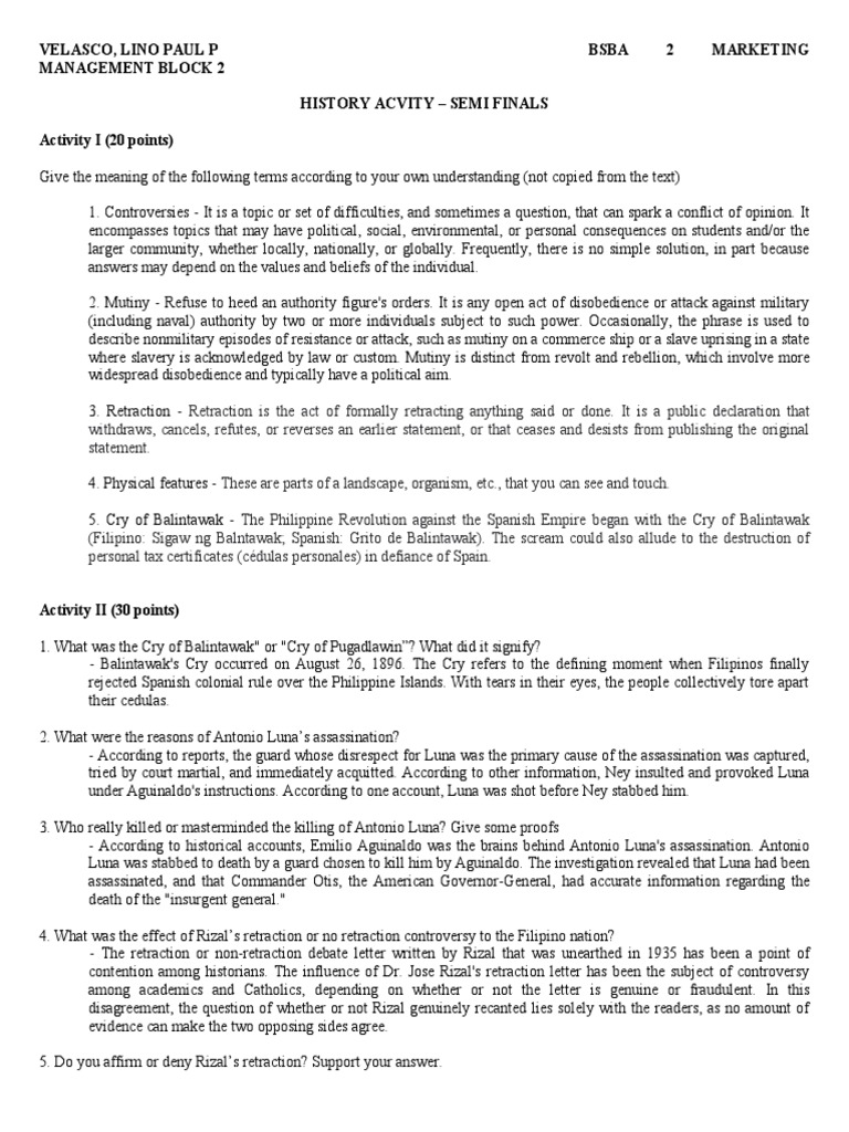 Velasco, Lino Paul History Activity Semi Finals | PDF | Philippines