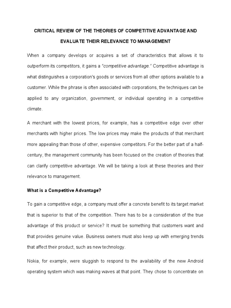 Critical Review of The Theories of Competitive Advantage and Evaluate ...