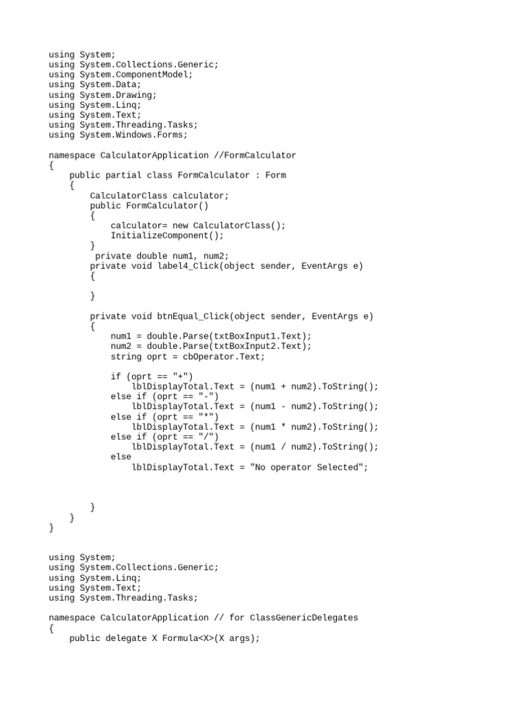 C# Calculator Application Class and Event Handling Code | PDF | Computer Programming | Object ...
