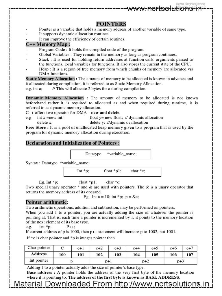 Computer Science Notes Ch04 Pointers Notes Pdf Pointer Computer Programming