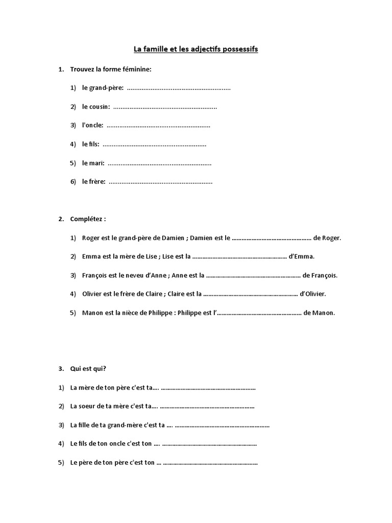Famille Et Adjectifs Possessifs - Feuille D'exercices | PDF | Échecs ...