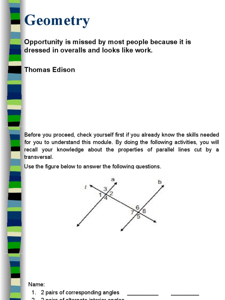 Q4 MATH 8-WEEK 4 - Proving Properties of Parallel Lines Cut by A Transversal | PDF | Mathematics ...