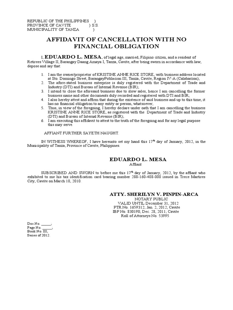 Affidavit of Business Cancellation | PDF | Affidavit | Judiciaries