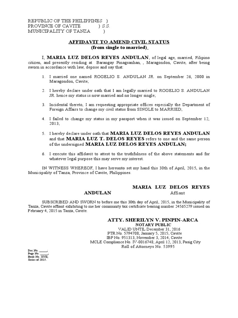 AFFIDAVIT Change of Status | PDF | Affidavit | Civil Law (Common Law)