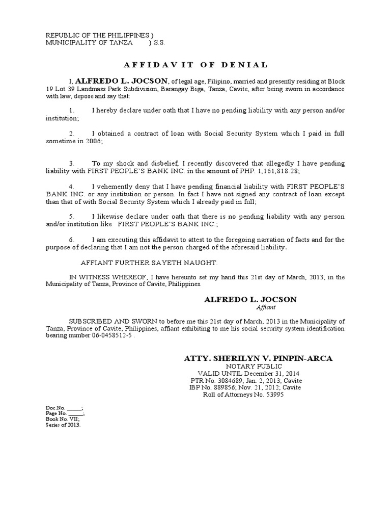 Affidavit Denial of Liability | PDF