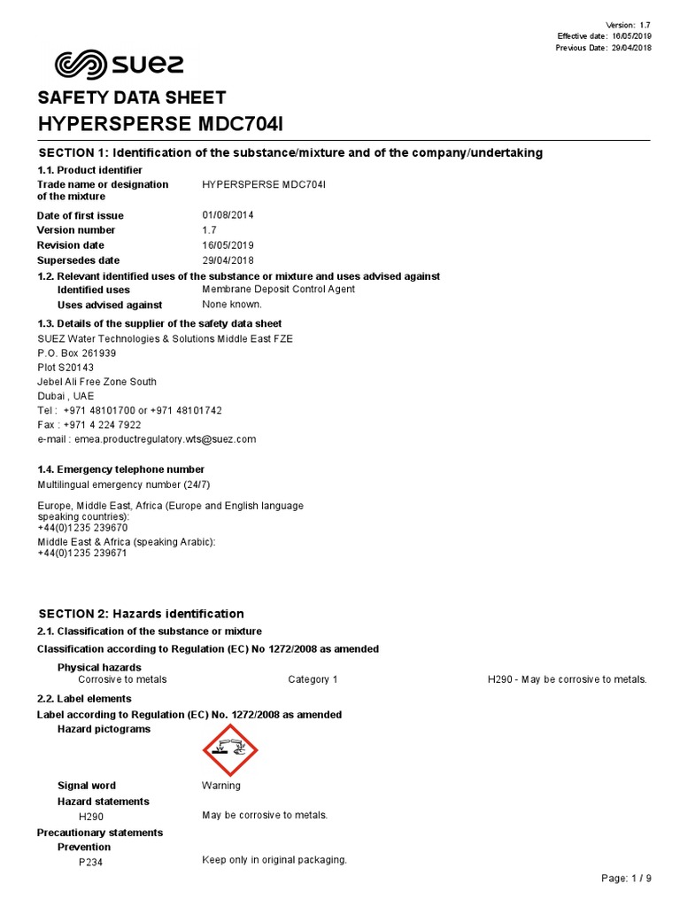 Safety Data Sheet for Hypersperse MDC704I | PDF | Dangerous Goods ...