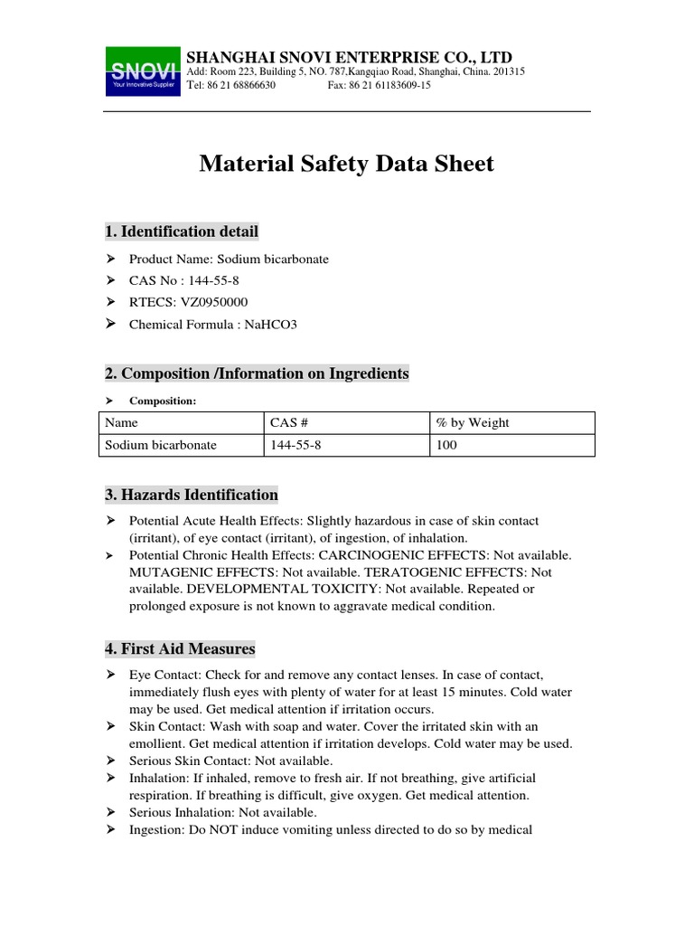 Sodium Bicarbonate Safety Data Sheet | PDF | Water | Toxicity