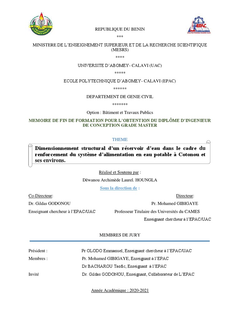 Mémoire HOUNGLA Archimede - Compressed | PDF | Tuyau | Lac de barrage