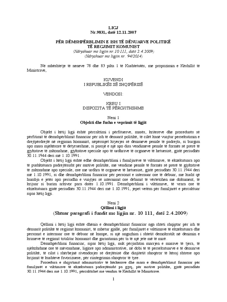 Ligj Per Demshperblimin e Ish Te Denuarve Politike Te Regjimit Komunist ...