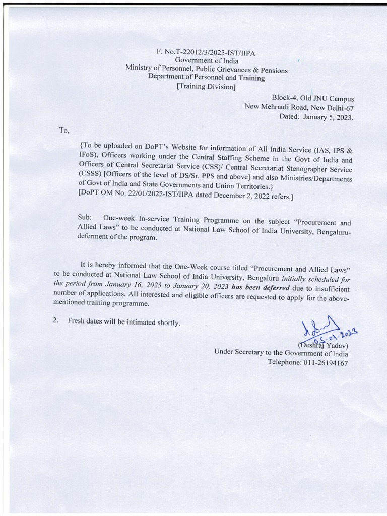 NLSIU Letter DT 5.1.23 Deferment | PDF | Government | Government Of India