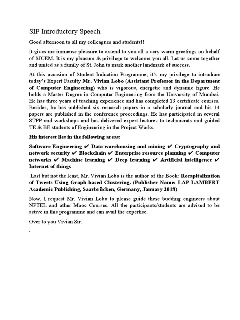 SIP Introductionary Speech | PDF