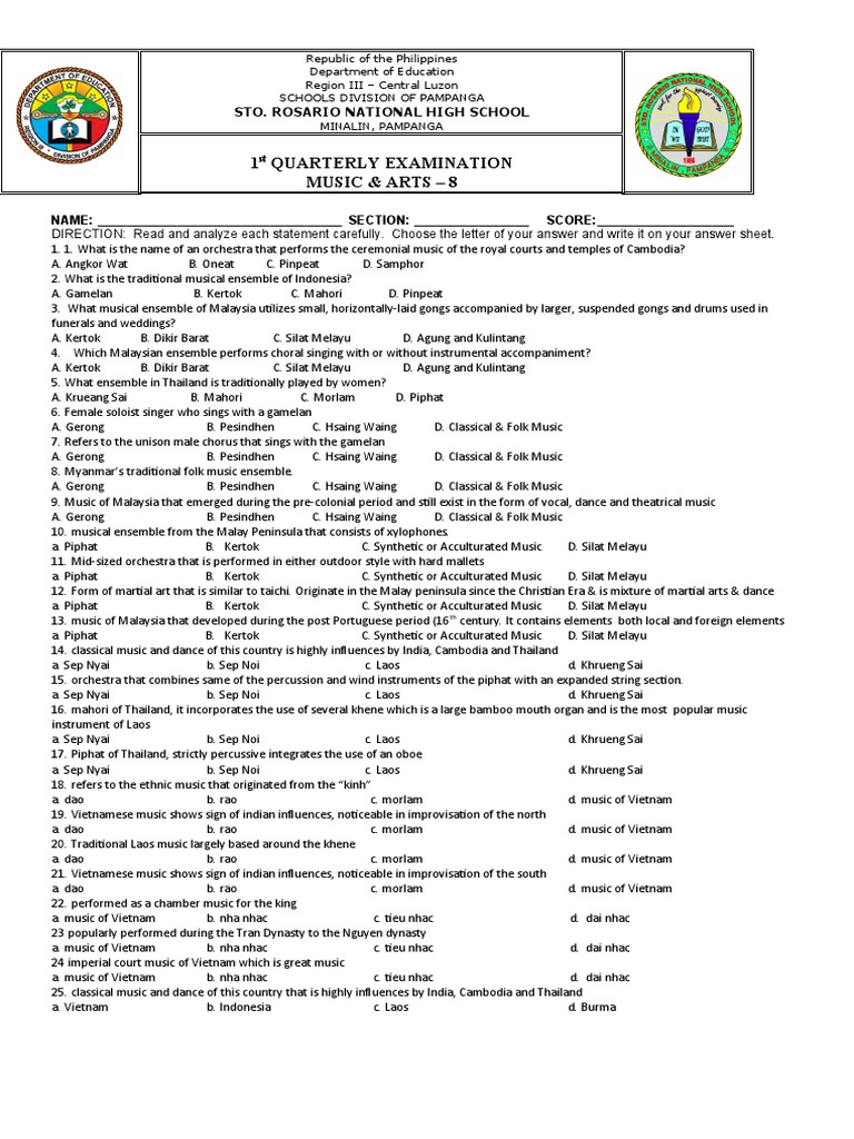 Quarterly Exam 8 Music Arts | PDF | Performing Arts | Southeast Asia