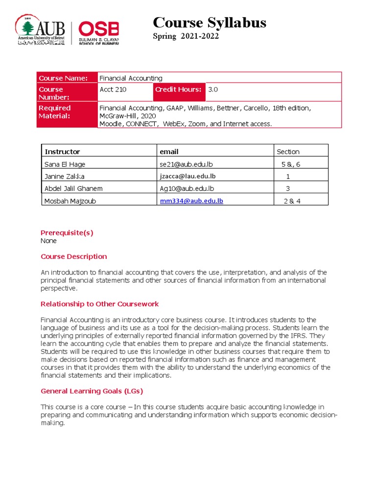 Financial Accounting Syllabus Acct 210 | PDF | Accounting | Test ...