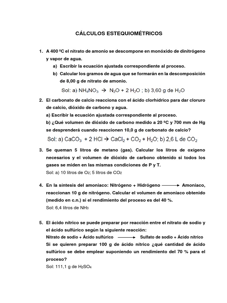 Cálculos Estequiométricos. Problemas | PDF | Amoníaco | Nitrato