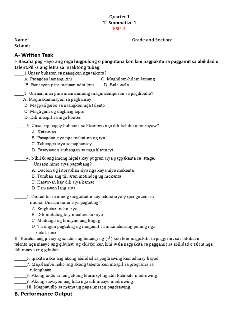 Quarter 1 ESP 2 Summative 1 | PDF