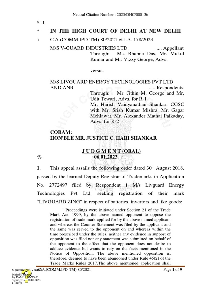 V Guard Industries LTD Vs The Registrar of Trademarks | PDF | Trademark ...