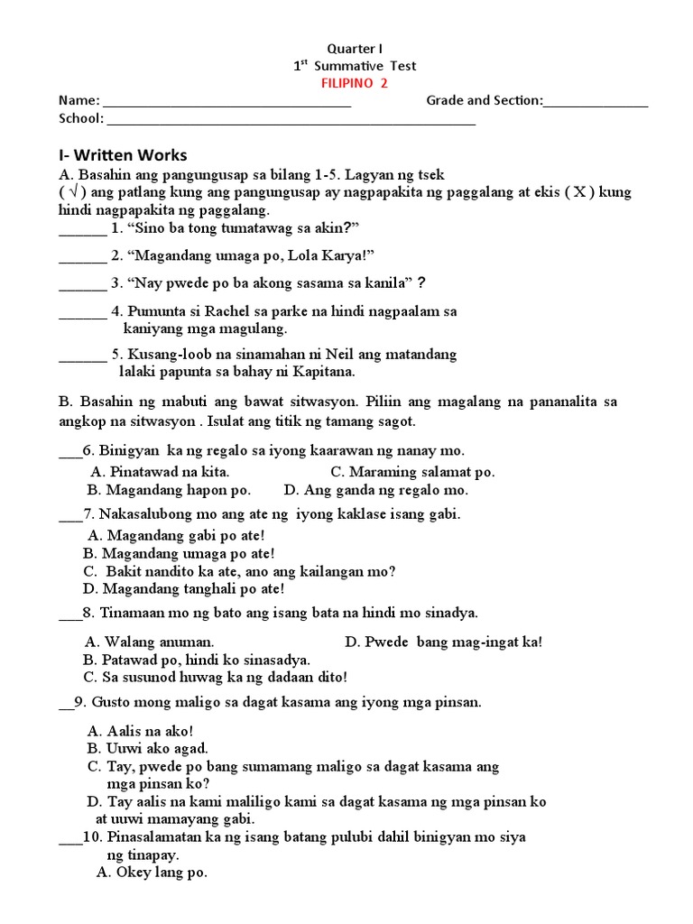 Quarter 1 FILIPINO 2 Summative 2 | PDF