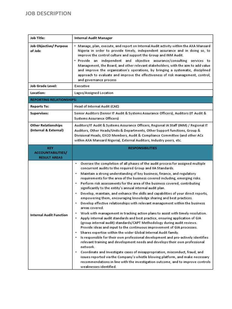 Internal Audit Manager Job Description | PDF | Internal Audit | Audit