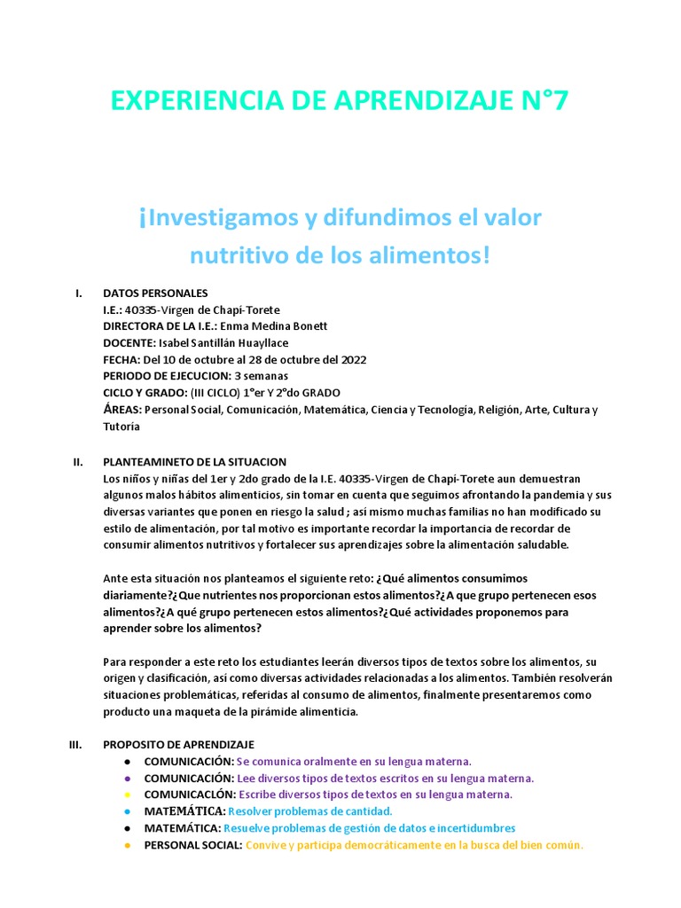 Experiencia de Aprendizaje Octubre | PDF | Aprendizaje | Alimentos