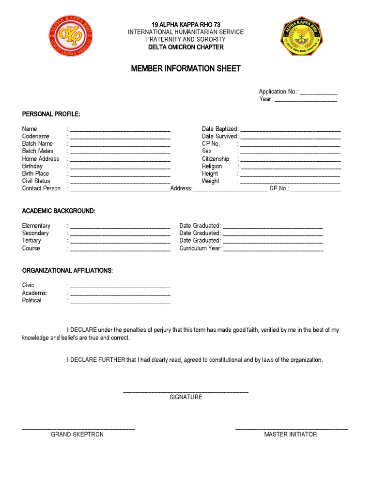 Member Information Sheet - Akrho | PDF