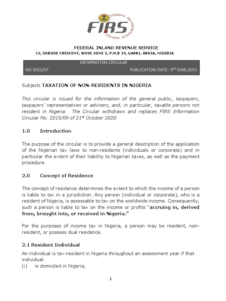 FIRS Circular Taxation of Non Residents in Nigeria 2021 | PDF | Capital ...