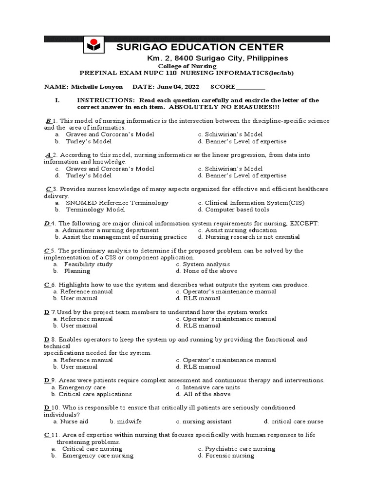 NUPC 110 LEC (1) exam | PDF | Nursing | Patient