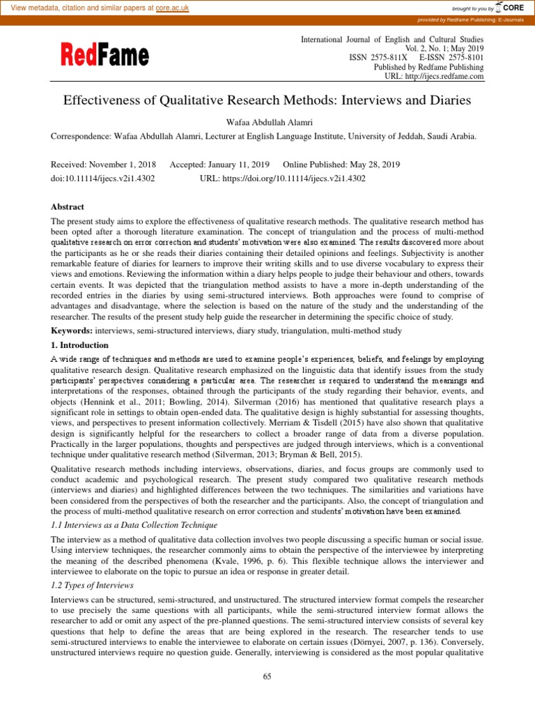 Effectiveness of Qualitative Research Methods: Interviews and Diaries ...