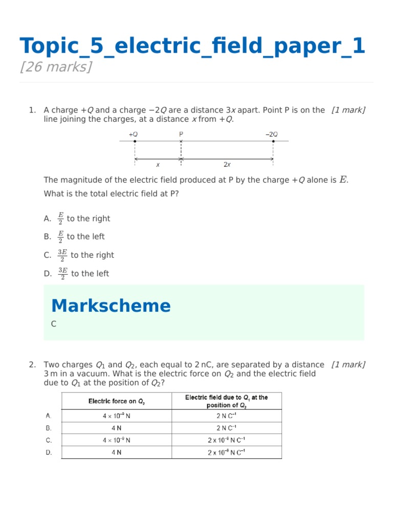Topic 5 Electric Field Paper 1 | PDF | Electric Charge | Electric Field