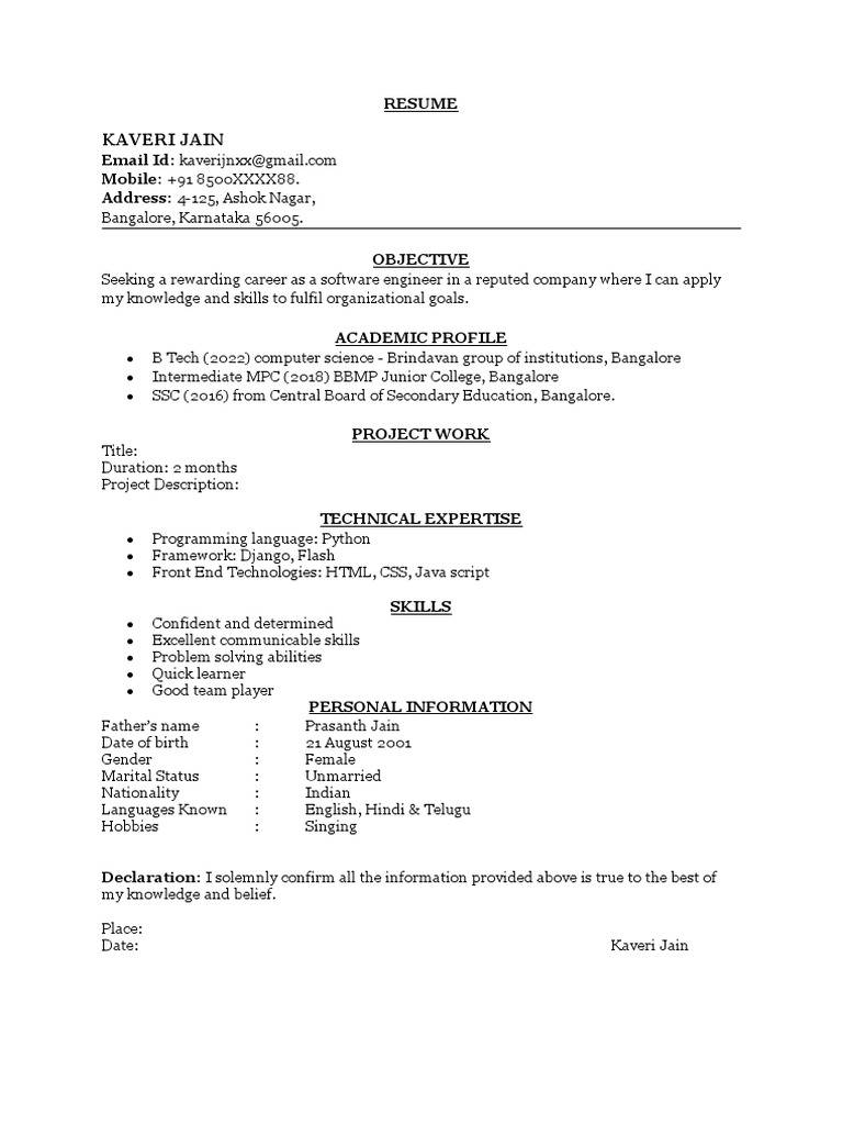 Simple Fresher Resume Format 4 | PDF