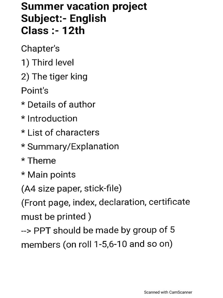 Summer Vacation Project (English) 12th | PDF