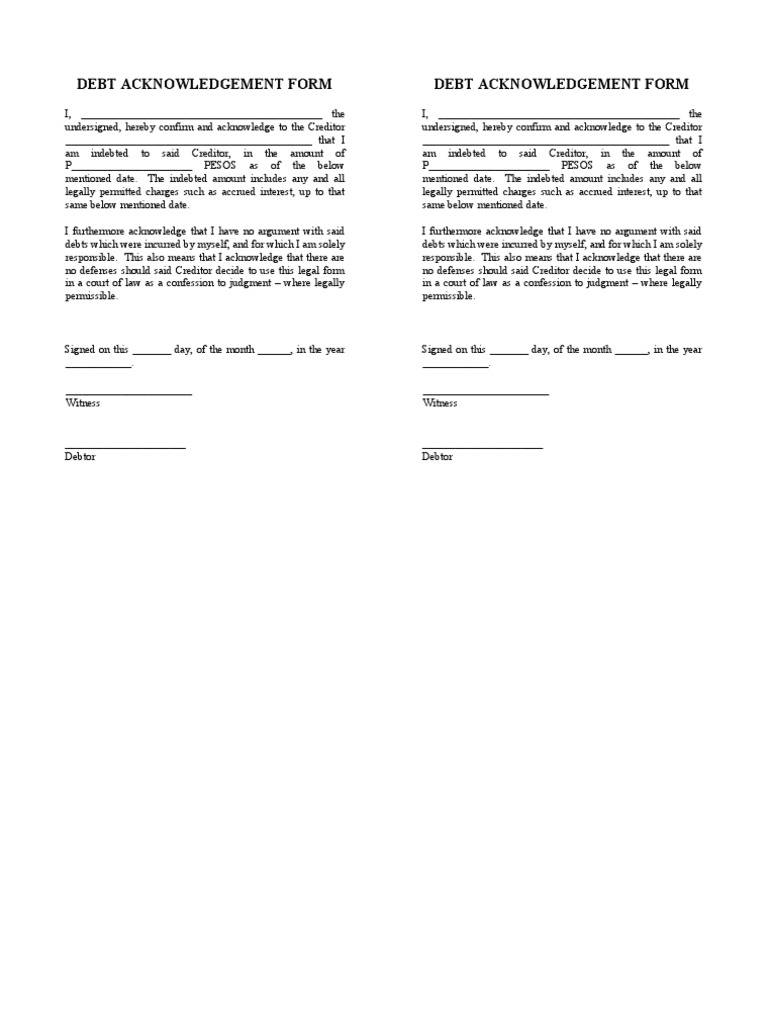 Debt Acknowledgment Form Sample | PDF