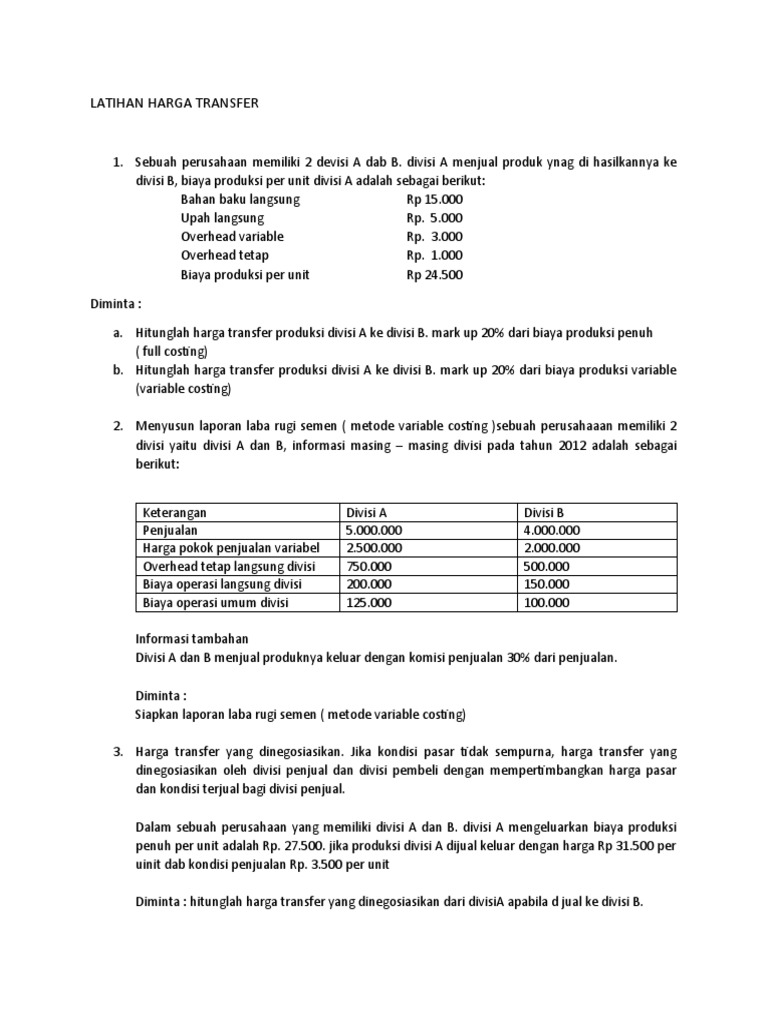 Contoh Soal Harga Transfer Divisi | PDF | Komputer | Teknologi & Rekayasa
