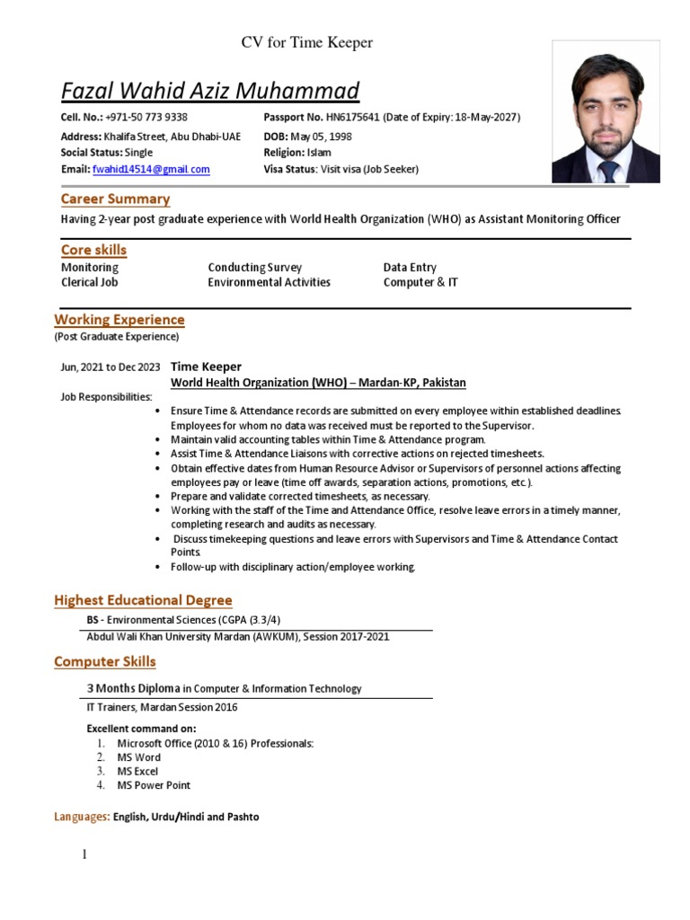 CV for Time Keeper Position | PDF | Career & Growth