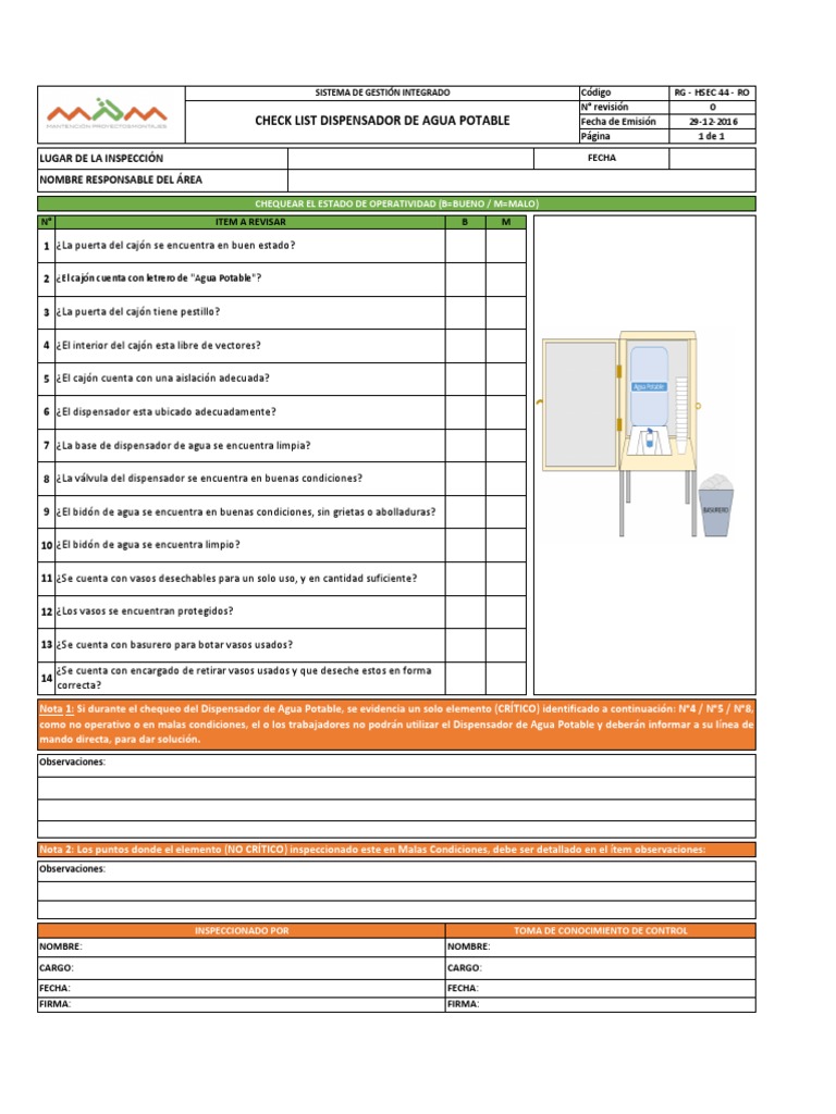 Check List Dispensador Agua Potable | PDF