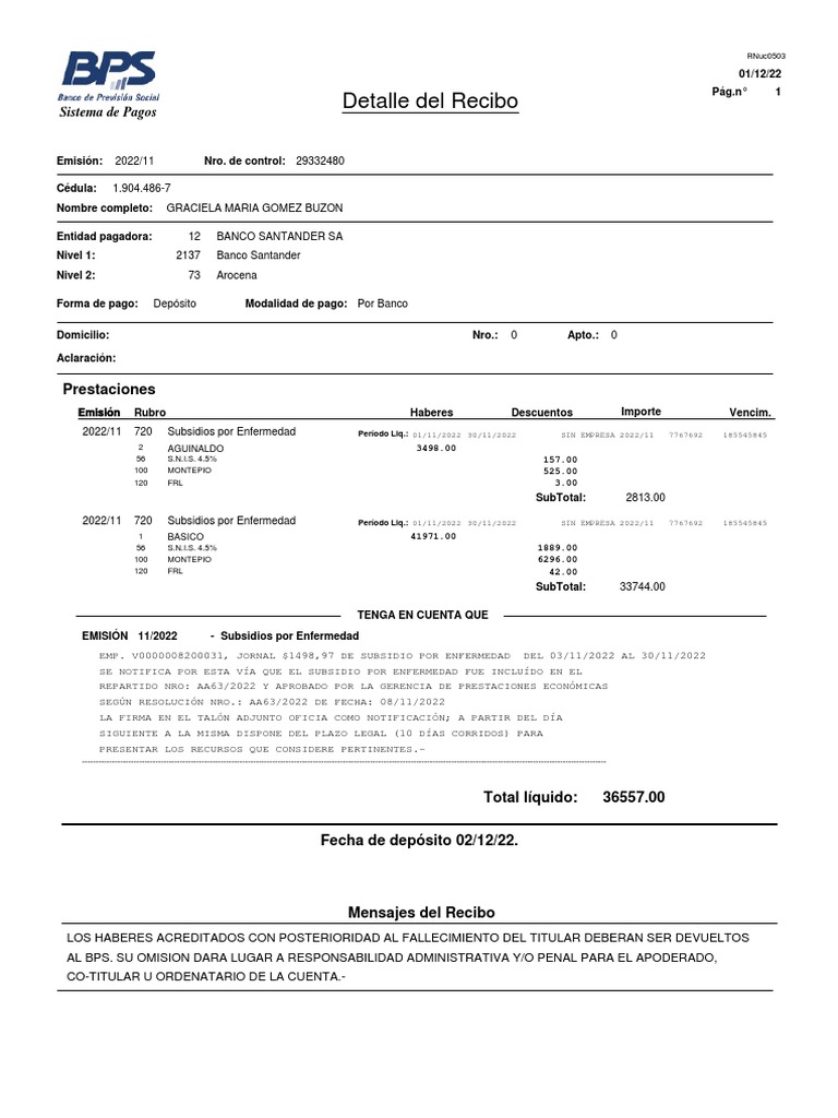 Recibo Bps Graciela Gomez | PDF | Bancario | Servicios financieros
