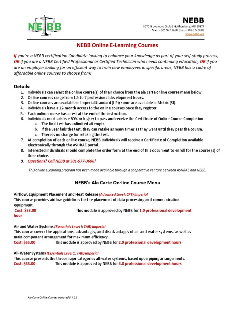ASHRAE-NEBB Online Ala Carte Course Overview Order Form For Web ...