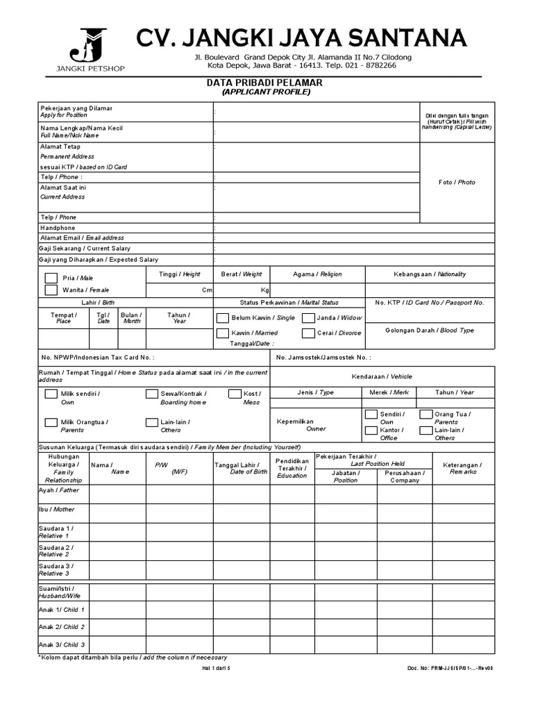 Applicant Form - CV. Jangki Jaya Santana | PDF