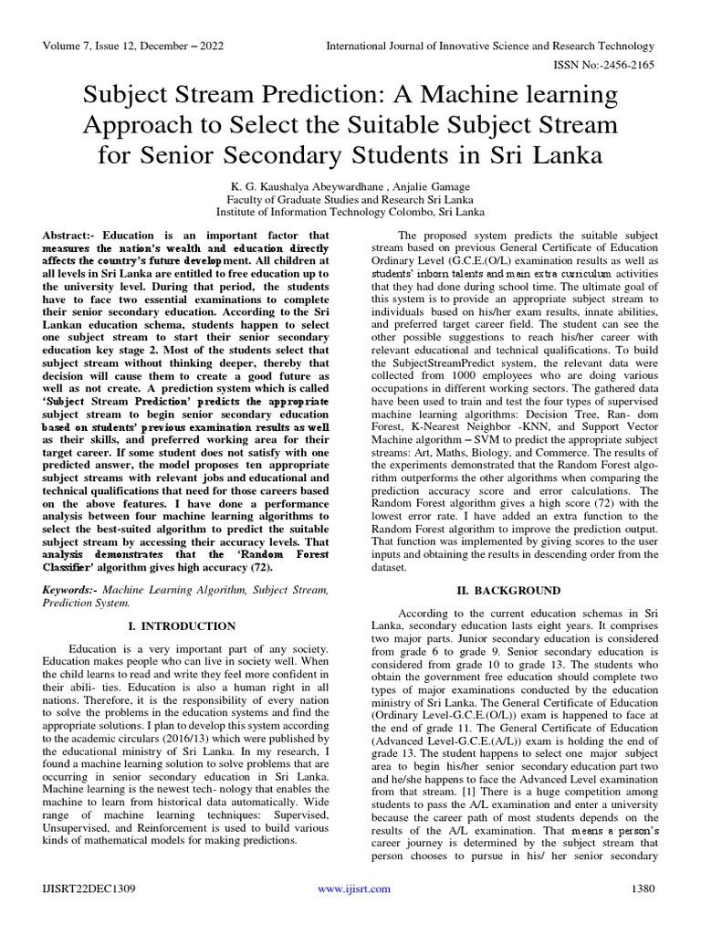 Subject Stream Prediction A Machine Learning Approach To Select The ... Subject Stream Prediction A Machine Learning Approach To Select The ...