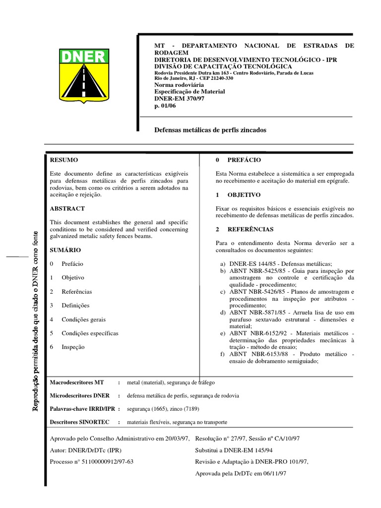 Especificação técnica para defensas metálicas de perfis zincados para ...