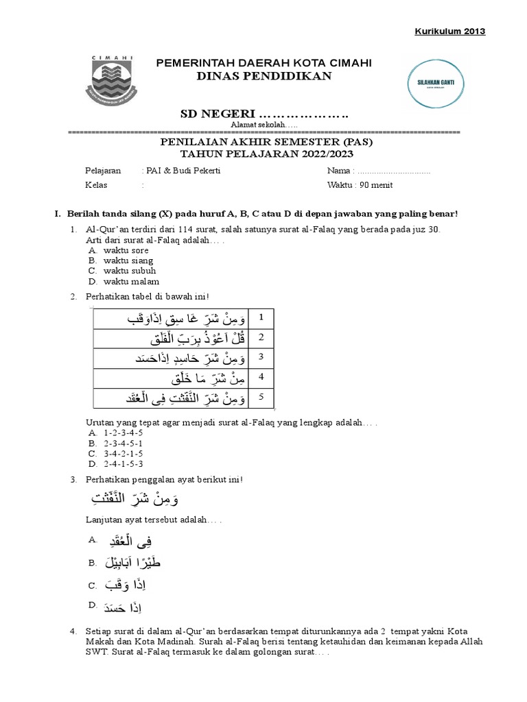 4 - A - SOAL PAS PAI KELAS 4 2022-2023 Fix | PDF