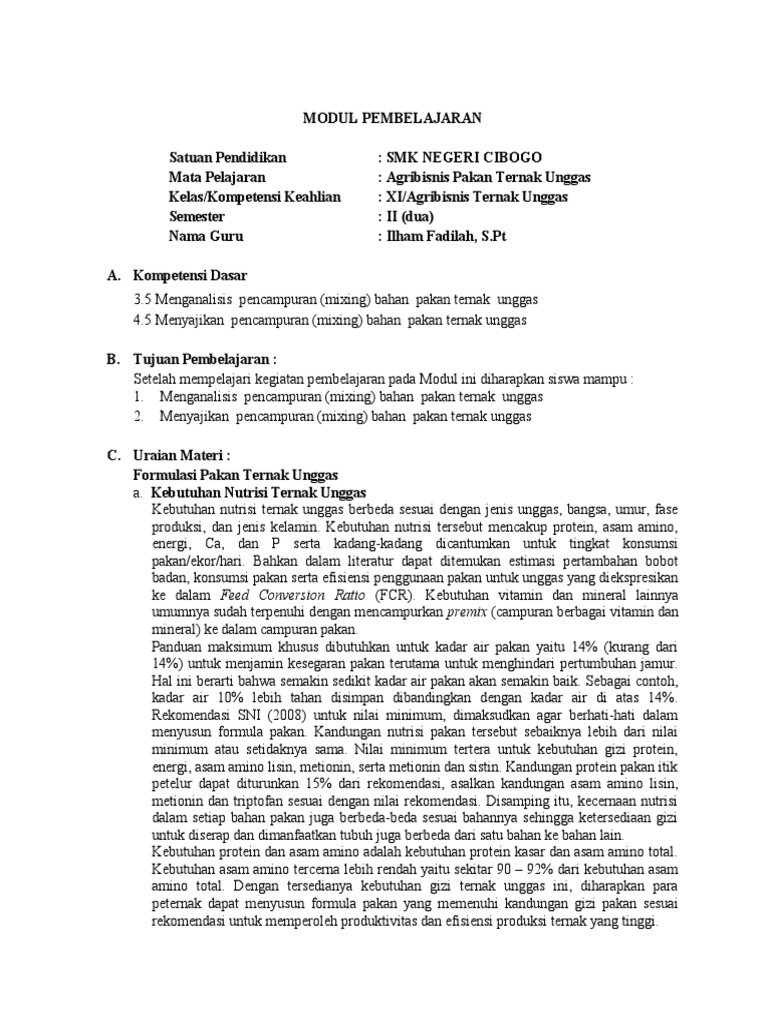 Modul Agribisnis Pakan Ternak Unggas | PDF