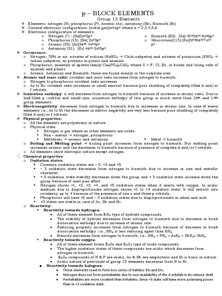 Group 15 Elements: Properties & Reactions | PDF | Chlorine | Nitric Acid