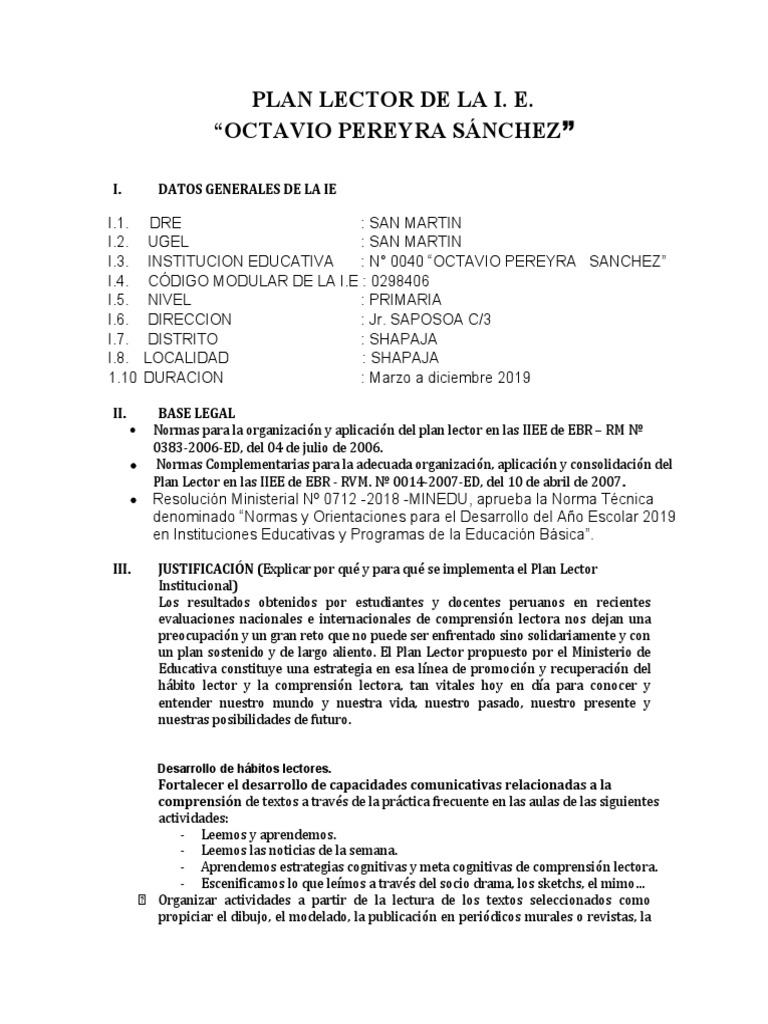 Plan de Lector I.E Ops 2019 | PDF | Método de enseñanza | Aprendizaje