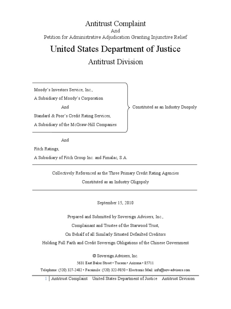 Credit Rating Agencies Antitrust Complaint | PDF | Moody's Investors ...