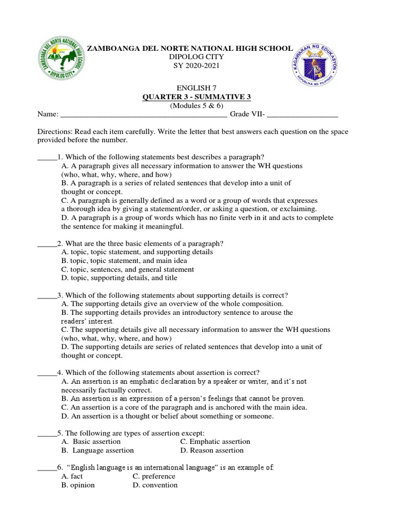 English 7 Quarter 3 Summative Test 3 and Performance Task 3 | PDF ...