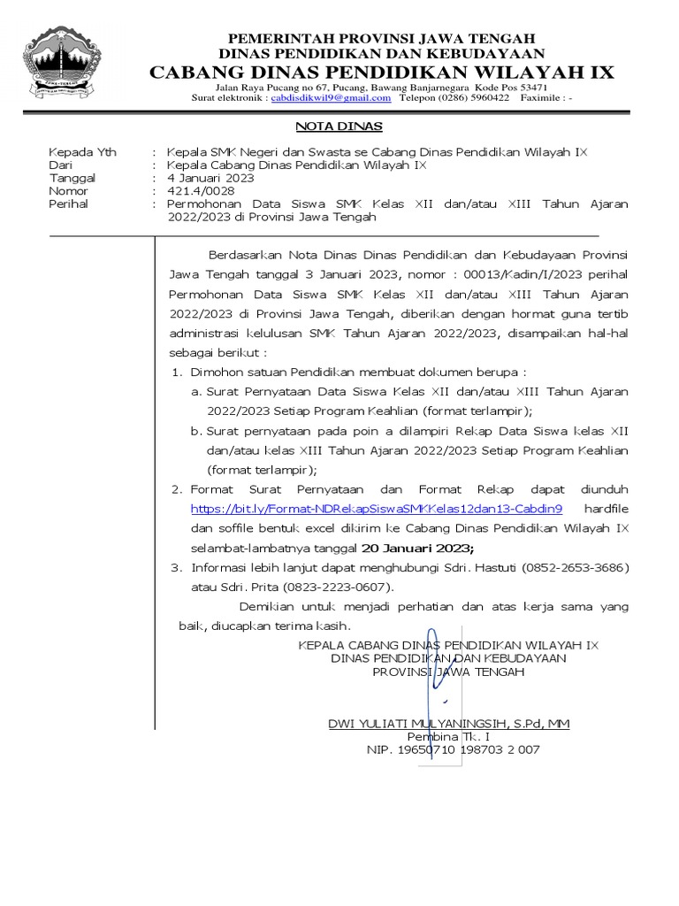 Nota Dinas Permohonan Data Siswa SMK Kelas XII Dan Atau XIII Tahun Ajaran 2022 2023 | PDF