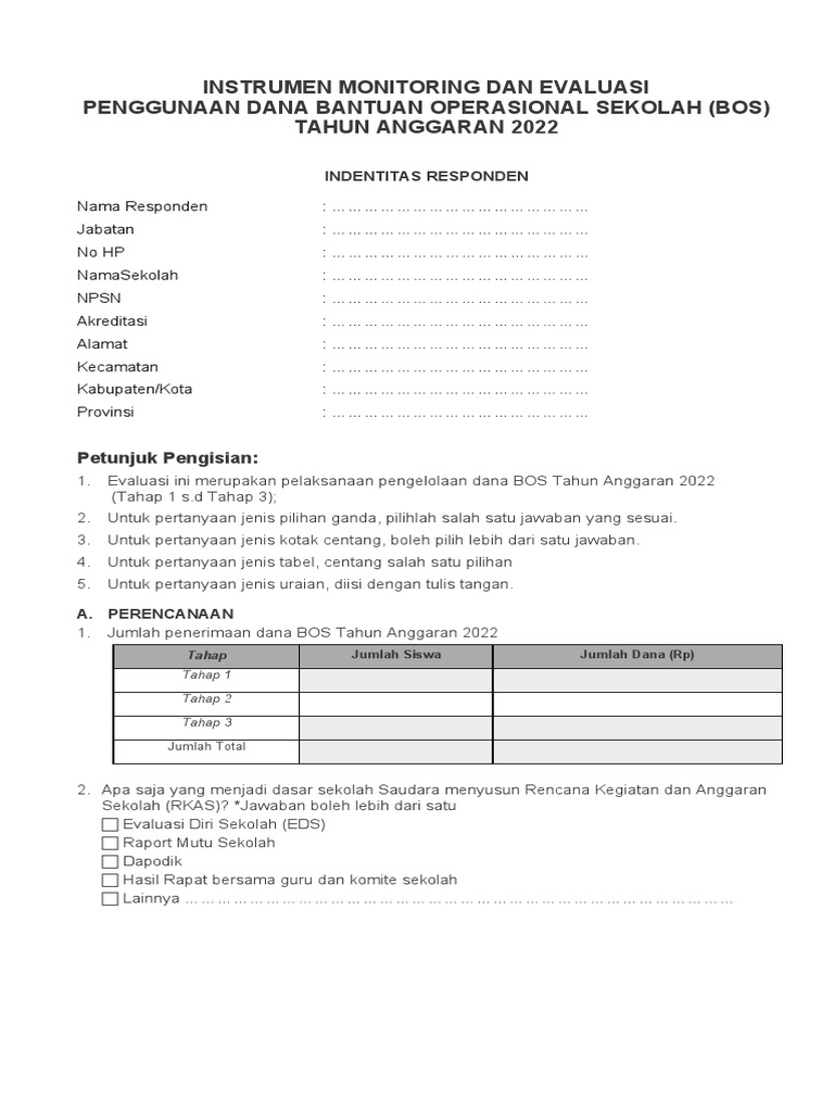 Instrumen Monev Bos 2022 | PDF