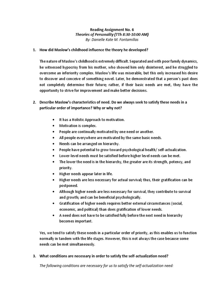 Reading Assignment - Maslow's Theory (Theories of Personality) | PDF ...